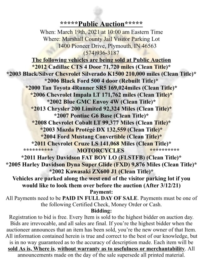 Updated List for Auction this Friday, and Video of Available Vehicles.