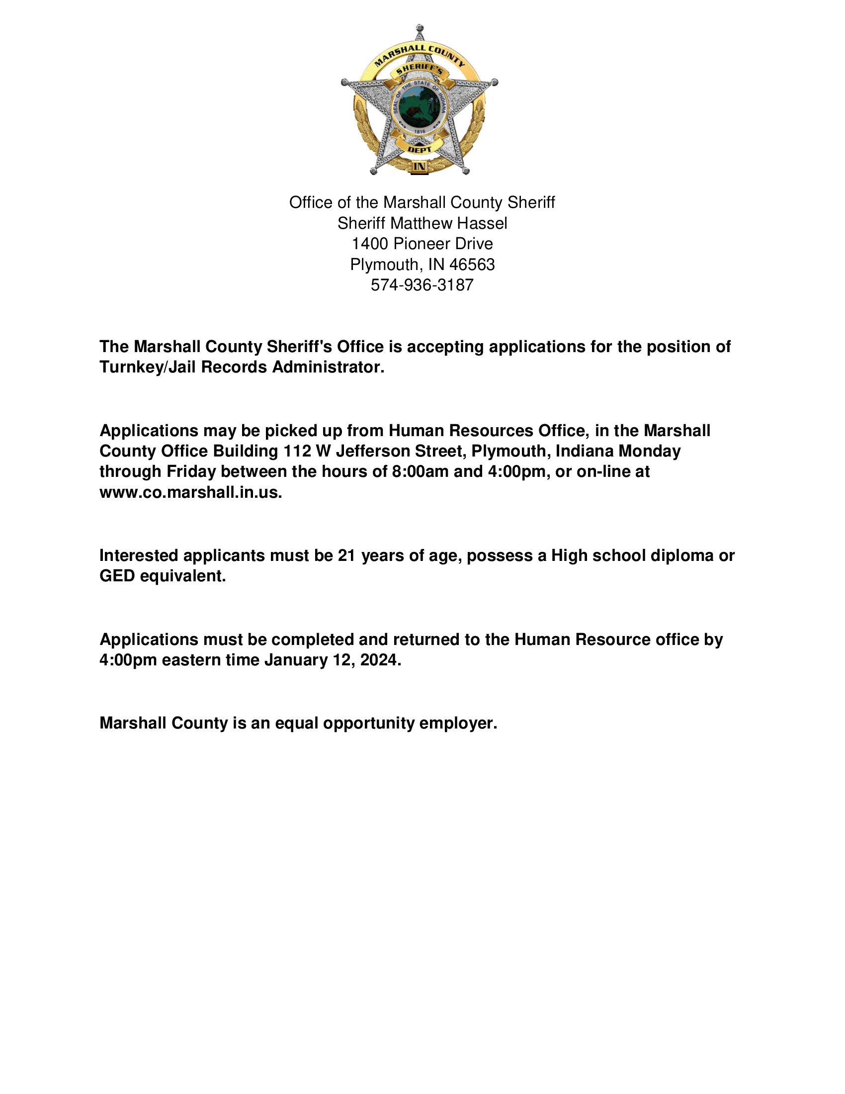 Sheriff of Marshall County, Indiana – Dedicated to service and sworn to ...